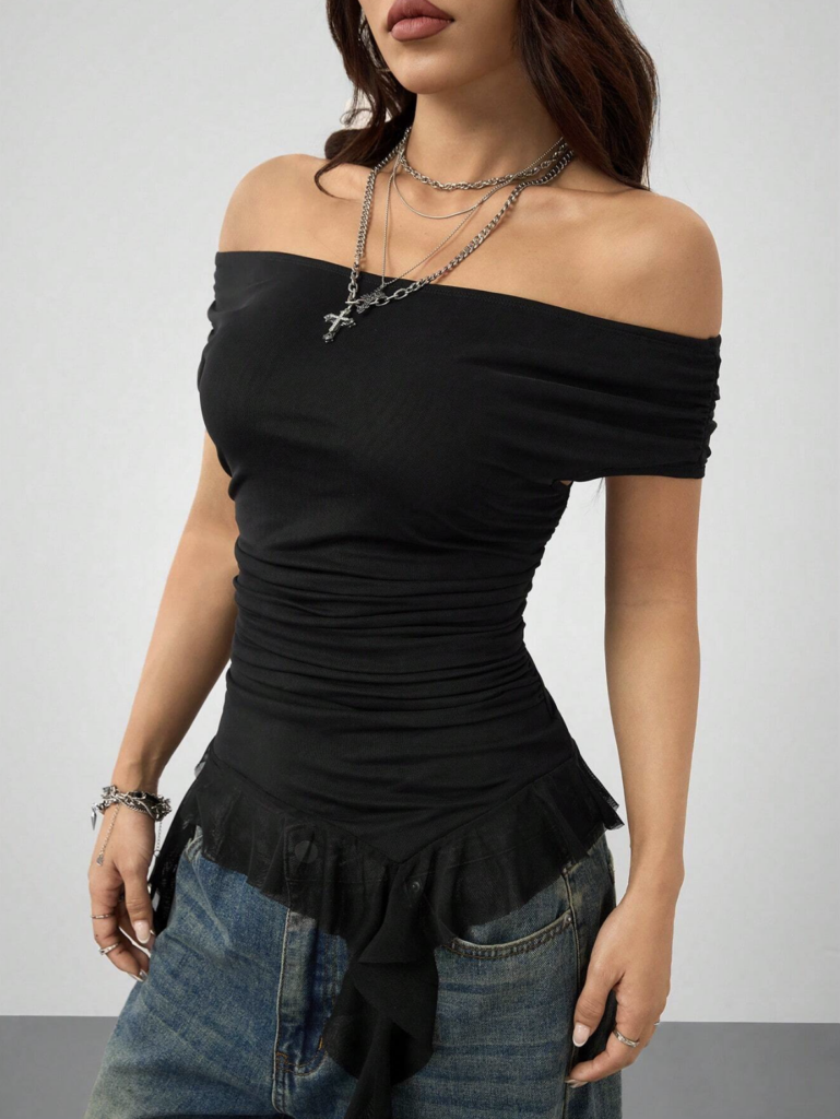 JENNY OFF SHOULDER UNEVEN HEM MESH TOP – LA CHIC PICK